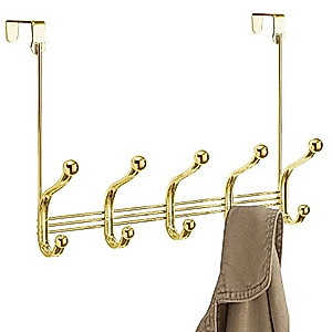 iDesign York Lyra Steel Over-The-Door 10-Hook Storage Rack - 5" x 14.9" x 11", Gold Brass