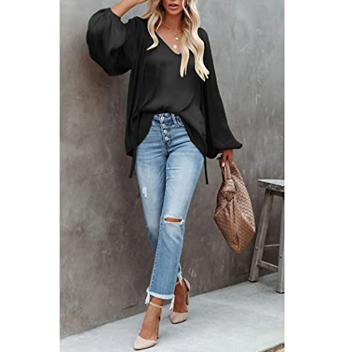 Chigant Women's Sexy Satin Shirts Silk V Neck Long Sleeve Casual Blouses Business Casual Tops Plus Size Black X-Large