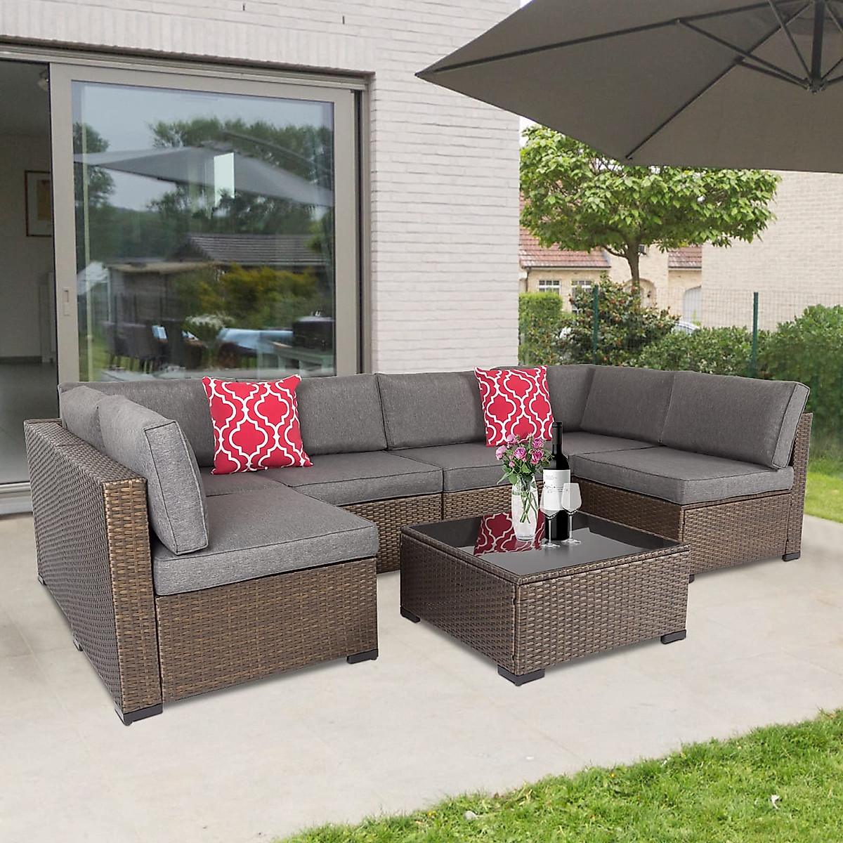 JSUN7 7 Pieces Patio Couch Outdoor Furniture Sets PE Golden Brown Rattan Sectional Conversation Sofa Set Washable Cushions with Glass Coffee Table(Dark Gray)