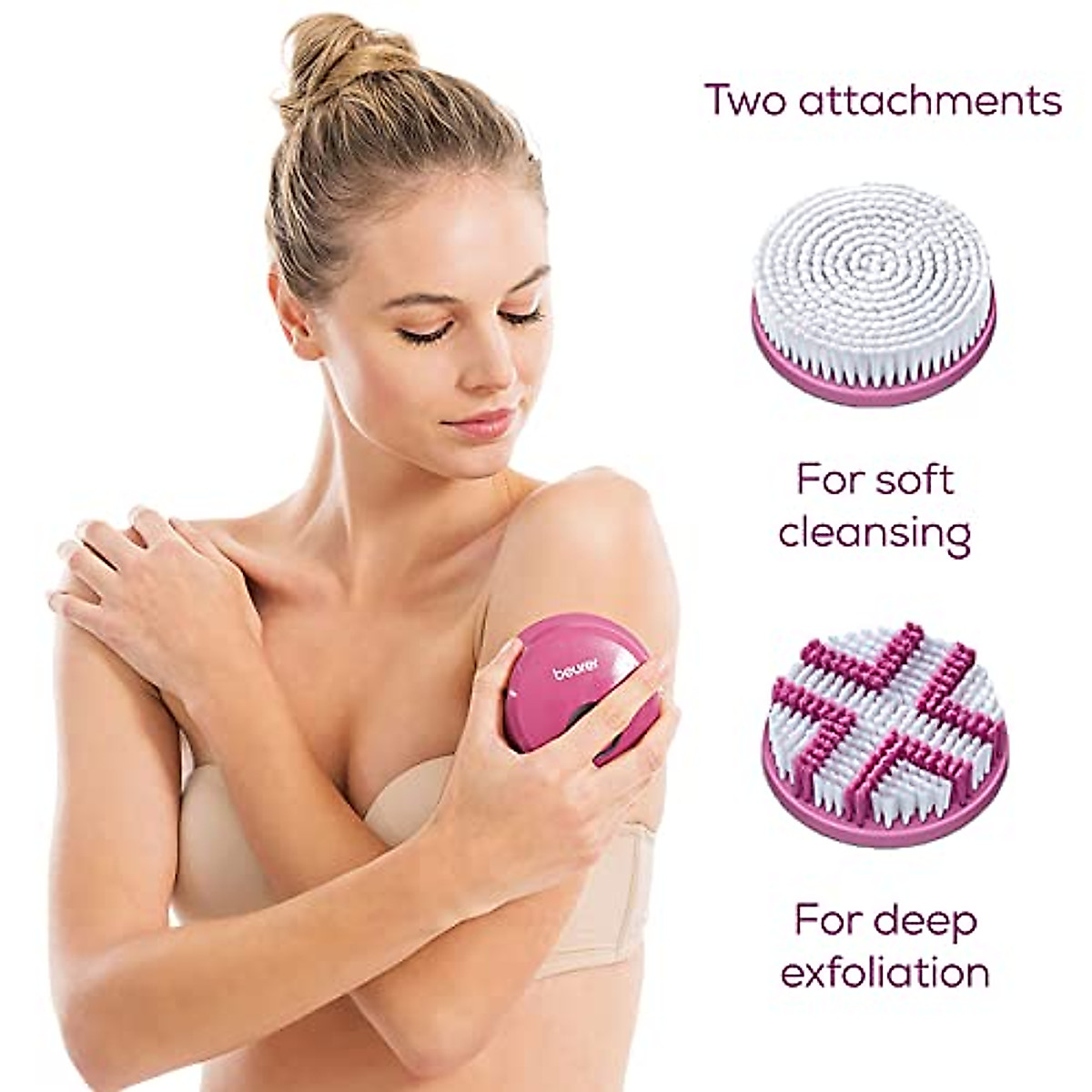 Beurer FC55 Electric Body Scrubber for Exfoliating and Massage, Waterproof for Showering, Cordless and Rechargeable, Spinning Skin Cleansing Brush with 2 Attachments