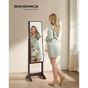 SONGMICS Mirror Jewelry Cabinet Armoire, Standing Full-Length Mirror, Lockable Jewelry Organizer, Gift Idea, Brown Surface and Black Lining UJJC69BR