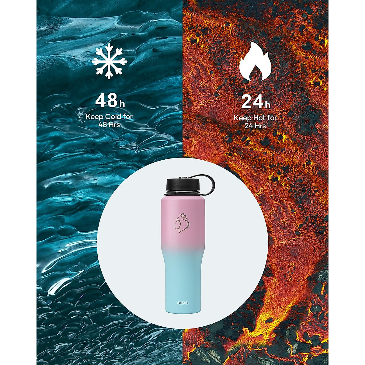 BUZIO Stainless Steel Water Bottle Vacuum Insulated (Cold for 48 Hrs, Hot for 24 Hrs),32oz Tumbler Travel Flask with Straw Lid and Flex Cap, Fit in Any Car Cup Holder,Bubble Gum