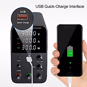 DC Power Supply Variable, Bench Power Supply with Output Switch, Short Circuit Alarm, Adjustable Switching Regulated Power Supply 30V 10A with 4-Digits LED Power Display, USB Quick-Charge Interface