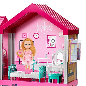 TEMI Villa Toys for 3 4 5 6 7 8 Years Old Girls - 2 Storeys 4 Rooms, Indoor Playset with 2 Dolls Toy Figures, Toys Furniture and Accessories, Pretend Girls Plays, Building Toys, Gifts Toy