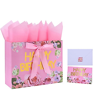 13" Large Pink Gift Bags Set with Greeting Card and Tissue Papers (Roses and Gold Foil ‘Happy Birthday’) for Women's Birthday Party, Girls' or Kids' Birthday Parties, Baby Girl, Baby Shower-13”x5.2”x10.2”,1 Pcs.