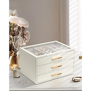 Vlando Jewelry Box for Women, Glass Lid Jewelry Organizer with 3 Drawers for Necklaces Rings Earrings Bracelets Christmas Gift - White