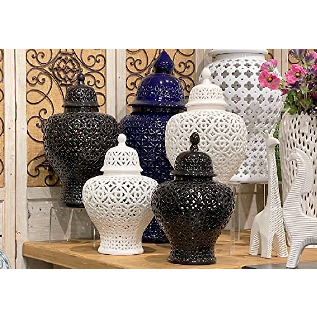 Galt International 19.5” Lattice Ginger Jar with Lid - Home Decor with Intricate Mediterranean Inspired Lattice Work - Living Room and Kitchen Decoration - 19.5” (White)