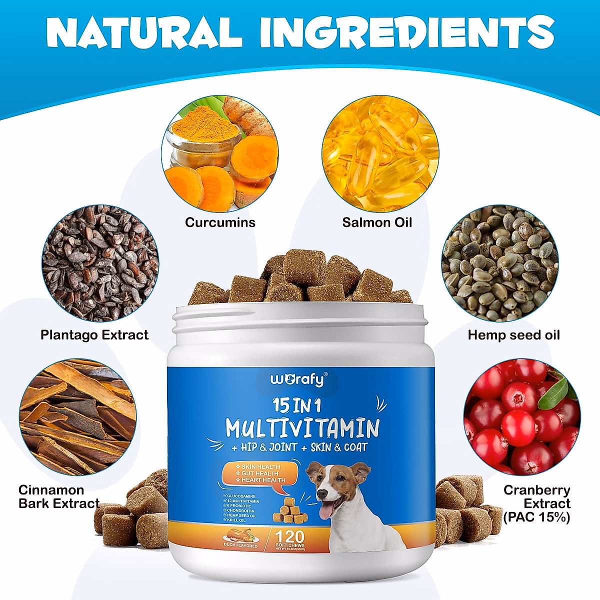 Dogs Multivitamin Chews, for Gut, Skin and Heart Health, Nutrition Supplements for Digestion, Immune System, Dog Treats with Glucosamine, Probiotic, Chondroitin and Hemp Oil, 120 Chews, Duck Flavor