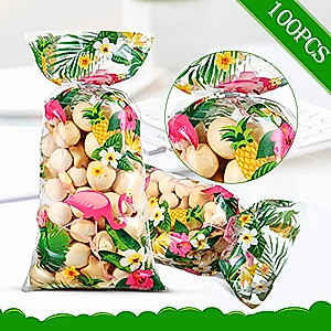Geyee 100 Pieces Flamingo Cellophane Treat Bags Hawaiian Themed Candy Bags Tropical Pink Flamingos Palm Tree Pineapple Goodie Bags with 100 Pieces Silver Twist Ties for Teens Birthday Party Supplies
