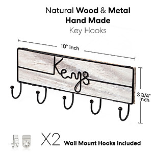 SNAP INVENT Wall Mounted Key Hooks for Hanging and Holding Keys - Entryway Keys Organizer - Handmade Metal Ornament with Natural Wood (White)