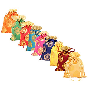 Touchstone Drawstring Bags Traditional Indian Handcrafted in Ficus Leaf Pattern Brocade Fabric. Perfect for Gifts Jewelry Weddings Sweet Distribution Set of 9 Vibrant Multicolor Pouches Purses Potli.