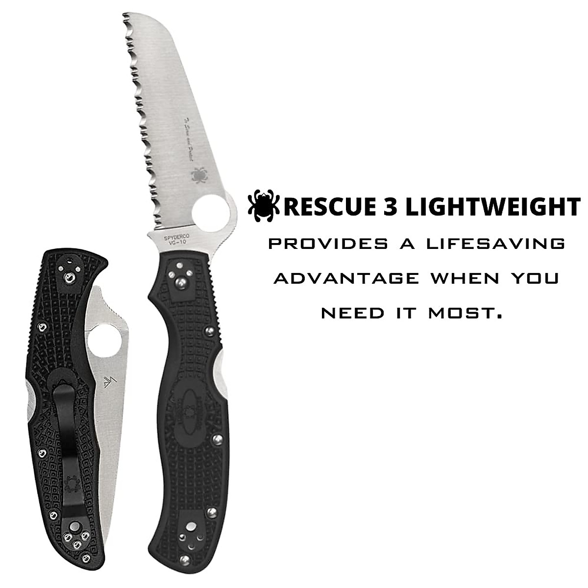 Spyderco Rescue 3 Lightweight Knife with 93mm Flat Ground Steel Blade and Tunnel to Towers Black FRN Handle - SpyderEdge - C14FSBKBL3