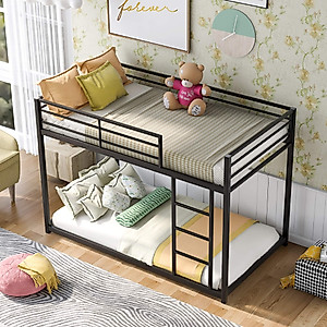 Twin Over Twin Metal Bunk Bed, Low Bunk Bed with Ladder for Kids,Toddlers,Teens,No Box Spring Needed， Black