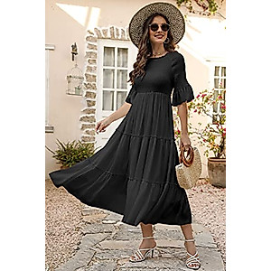 LILLUSORY Women's Black Funeral Dress 2023 Summer Trendy Casual Smocked Long Ruffle Tiered Flowy Midi Maxi Boho Dresses with Sleeves Black