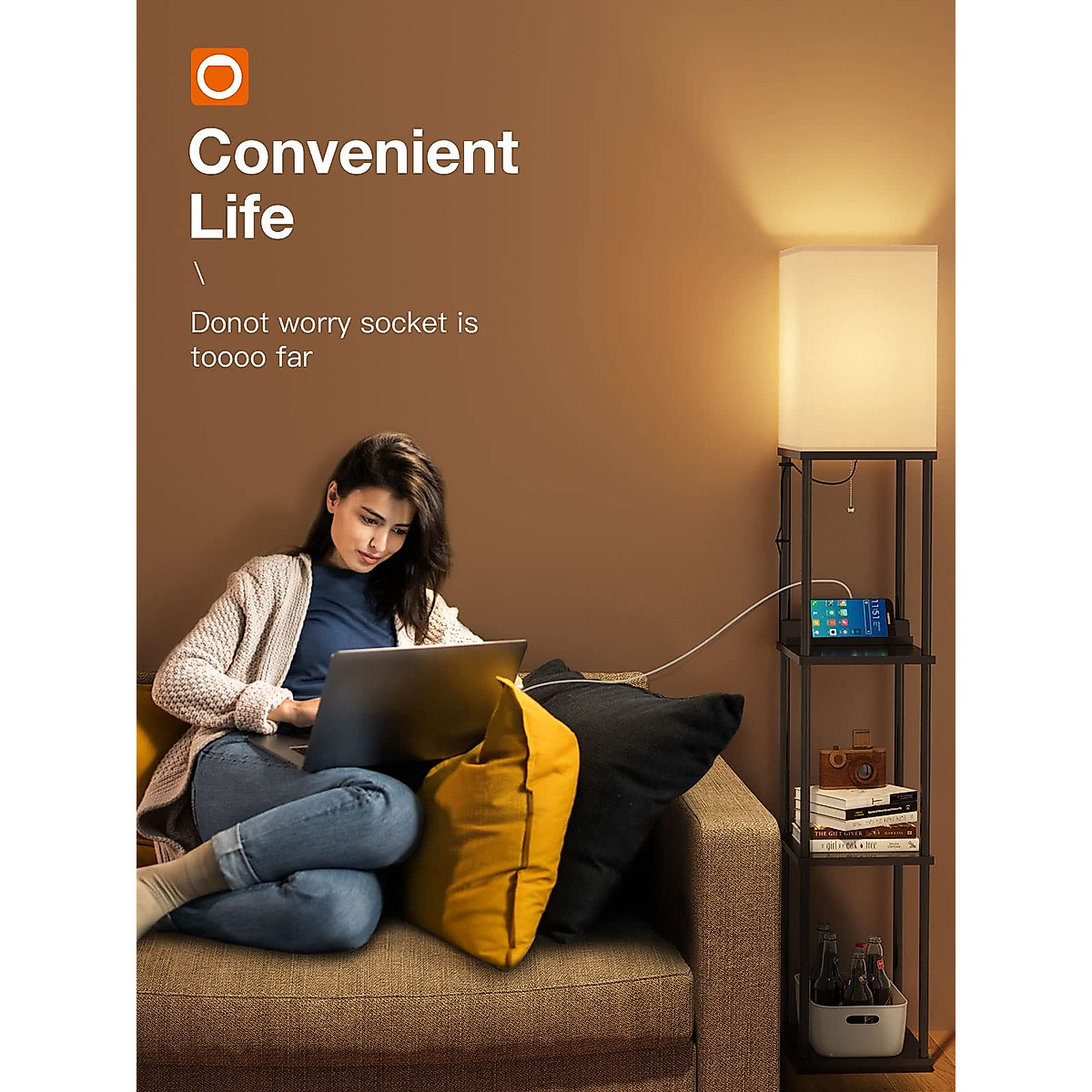 addlon Shelf Floor lamp with Remote, with 2 USB Charging Ports and 1 Power Outlet, Floor lamp with Shelves for Living Room, Bedroom and Office - Black