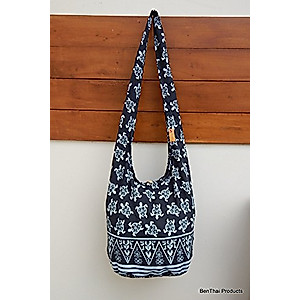 BTP! Turtle Sling Crossbody Shoulder Bag Purse Hippie Hobo Thai Cotton Gypsy Bohemian Large (Black OW1)