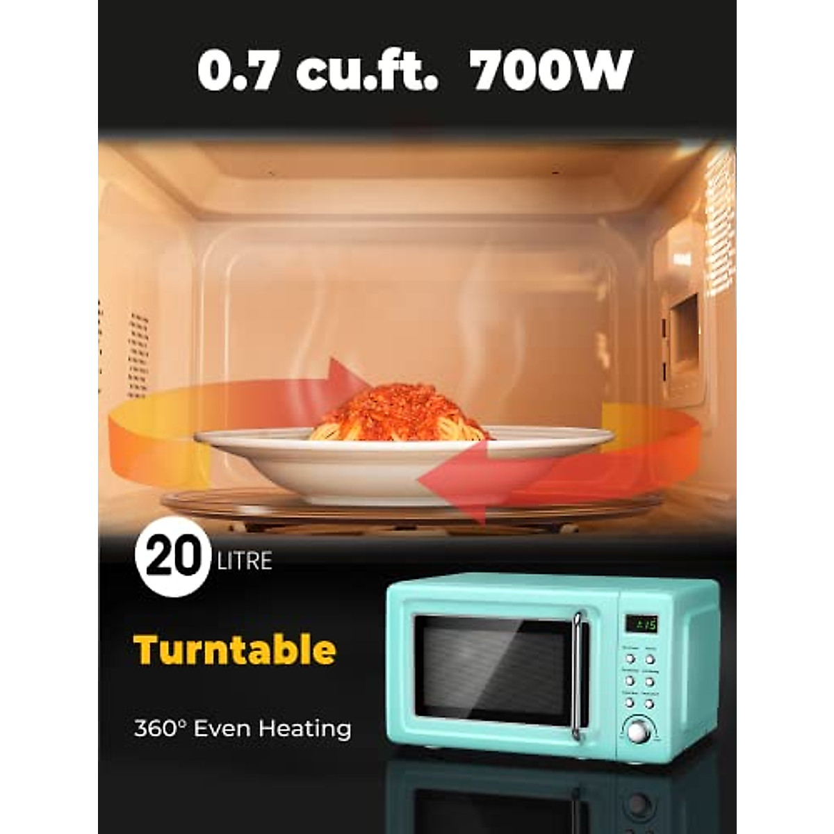 Retro Microwave Oven, SIMOE Small Countertop Microwave 0.7 cu. ft. 700W with 8 Preset Cooking Options (Mint Green)