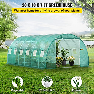 VEVOR Walk-in Tunnel Greenhouse, 20 x 10 x 7 ft Portable Plant Hot House w/Zippered Door, 12 Roll-up Windows, Galvanized Steel Hoops, 3 Top Beam, and 4 Diagonal Poles, Green