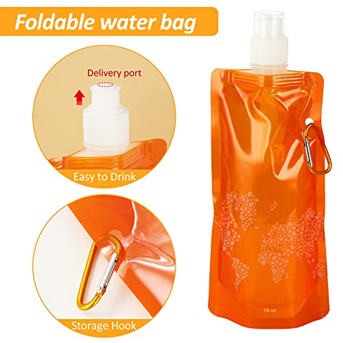 KASCNR 5pcs Collapsible Water Bottles Reusable Canteen Foldable Drinking Water Bags with Clip for Gym, Sports, Teams, Hiking, Camping,Biking,Outdoors,Beach,Traveling,Yoga & More,5 Colors（16 oz）