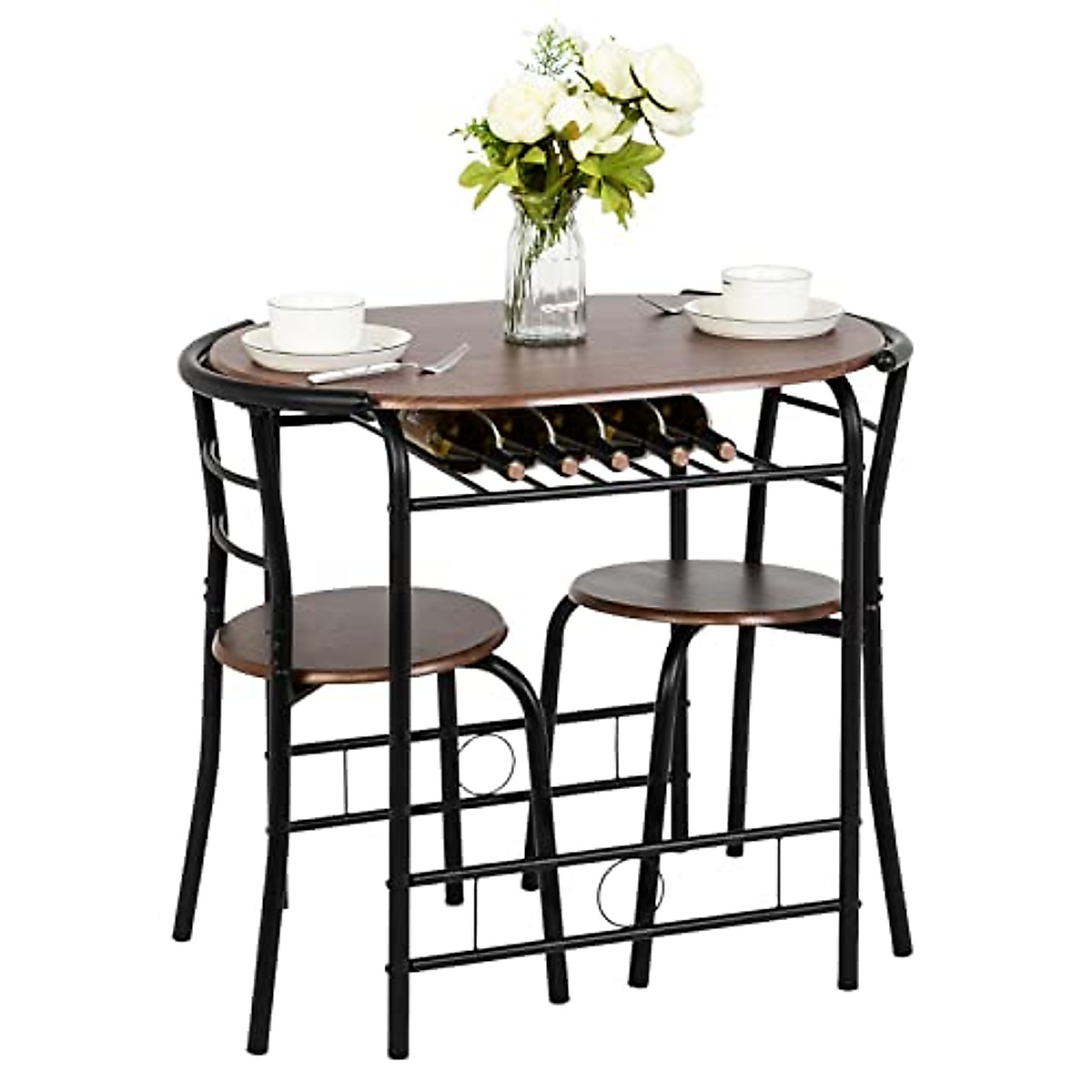 VINGLI 3 Piece Dining Set,Small Kitchen Table Set for 2,Breakfast Table Set for 2,Kitchen Wooden Table and 2 Chairs for Small Space/Dining Room/Apartment,Metal Frame,Wine Rack,Black&Walnut