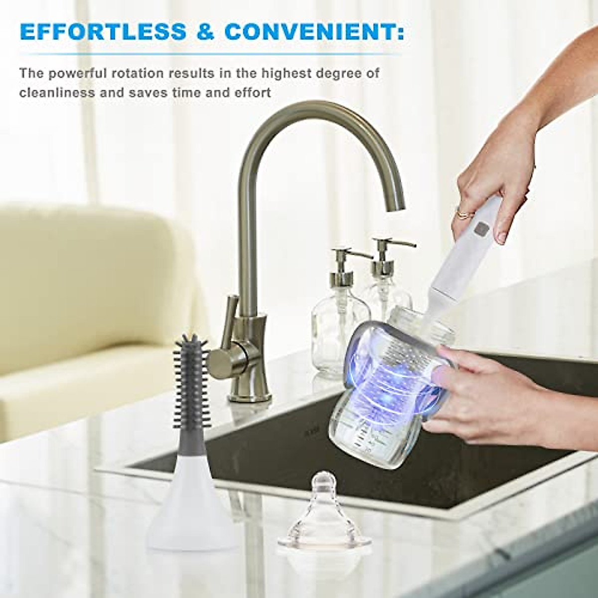 WHNL Electric Bottle Brush, 4 Piece Bottle Brush Set with Baby Bottle Brush Cleaner, Nipple Brush, Pacifier Cleaner, Straw Cleaner Brush, Gifts for Newborns and Mothers, White