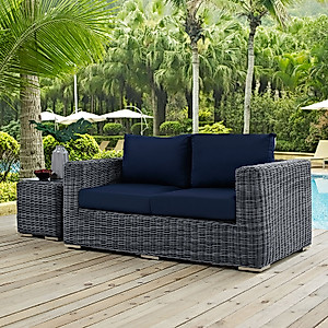 Modway EEI-1865-GRY-NAV Summon Wicker Rattan Outdoor Patio Sunbrella Loveseat in Canvas Navy