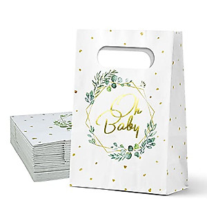 WEEPA 24 Pcs Greenery Eucalyptus Oh Baby Paper Gift Bags Neutral Baby Shower Treat Sack White Kraft Paper Bags, 5.5 * 2.5 * 8.5 inch