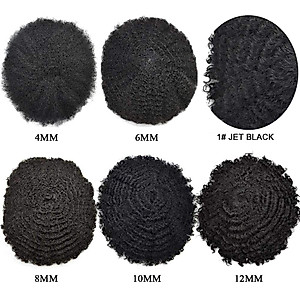 Curve Hair Afro Curl Mens Toupee Full Poly Skin Skin PU Injection Human Hair Replacement Systems African American THIN SKIN Man Weave Hair Unit 8X10inch (8"X10", 1Jet Black-10mm Wave Curl)