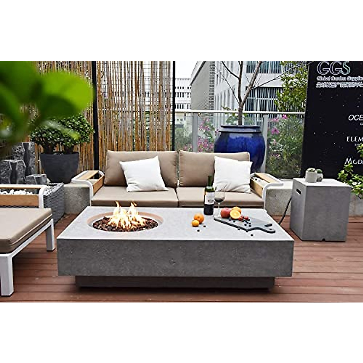 Elementi Metropolis Table Cast Concrete Natural Gas Fire Table, Outdoor Fire Pit Fire Table/Patio Furniture, Canvas Cover & Lava Rock Included with Free AMS Fireplace Wind Guard