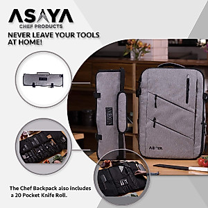 Asaya Chef Knife Backpack with 20 Pocket Knife Roll Bag - Over 30 Pockets for Knives and Kitchen Utensils - Stain Resistant Waxed Nylon - Padded for Extra Protection - Knives Not Included (Grey)