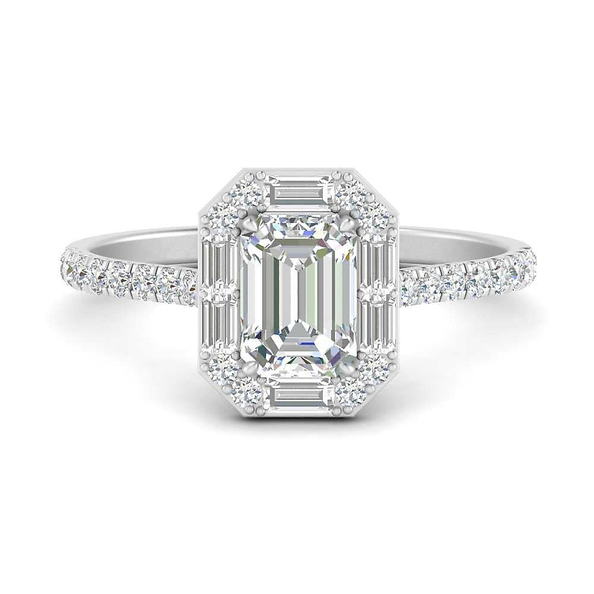 JewelryGift Art Deco Emerald Cut Halo Ring 925 Sterling Silver Created Cubic Zircon Emerald Shape White Color Halo Engagement Rings Prong Setting in Size 7