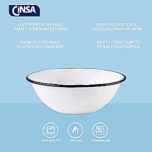 Cinsa 6-Piece 7 inch enameled steel bowl set (Speckled White) Indoor/Outdoor use, reusable, oven and fire-safe.