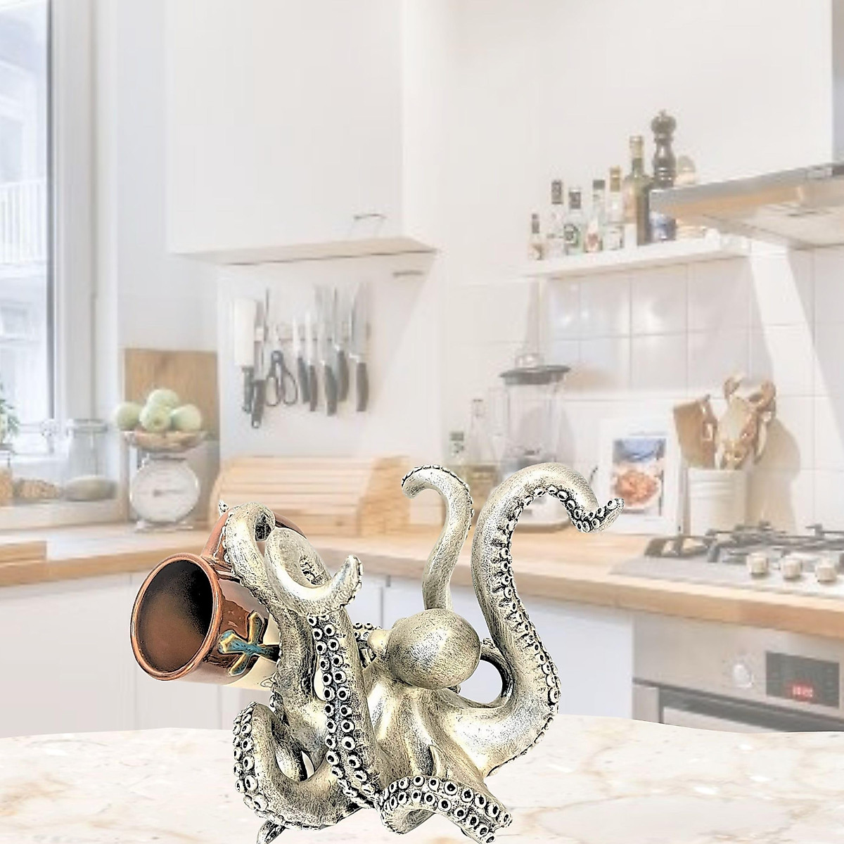 Vintage Style Octopus Coffee Mug Tea Cup Holder in Silver Tone Kitchen Dining Coffee Bar Statue Accessory