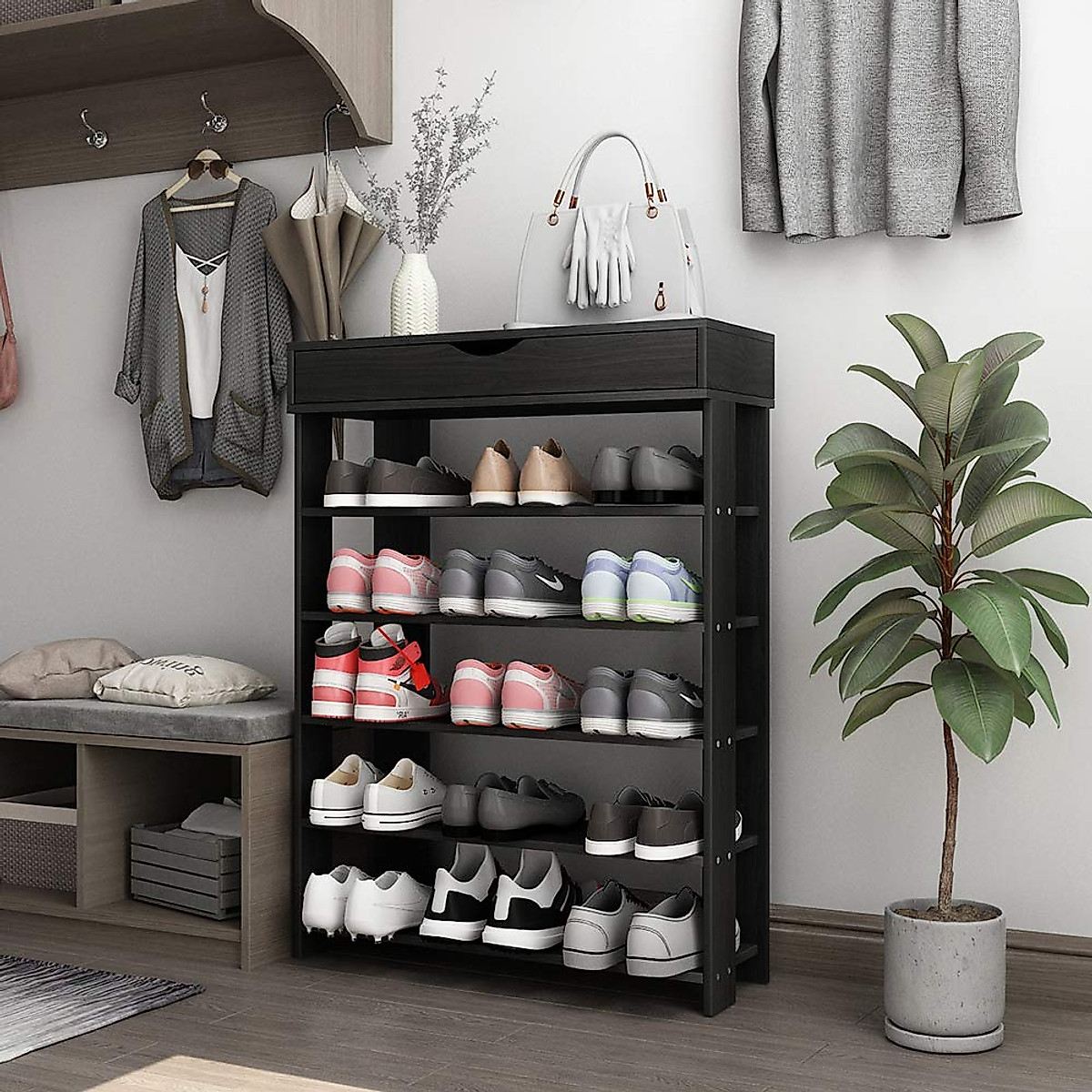 sogesfurniture 5-tier Wooden Shoes Rack Organizer with Storage Compartment, Free Standing Shoe Storage Shelf for Entryway, Living Room, Hallway, Doorway (29.5" Black)