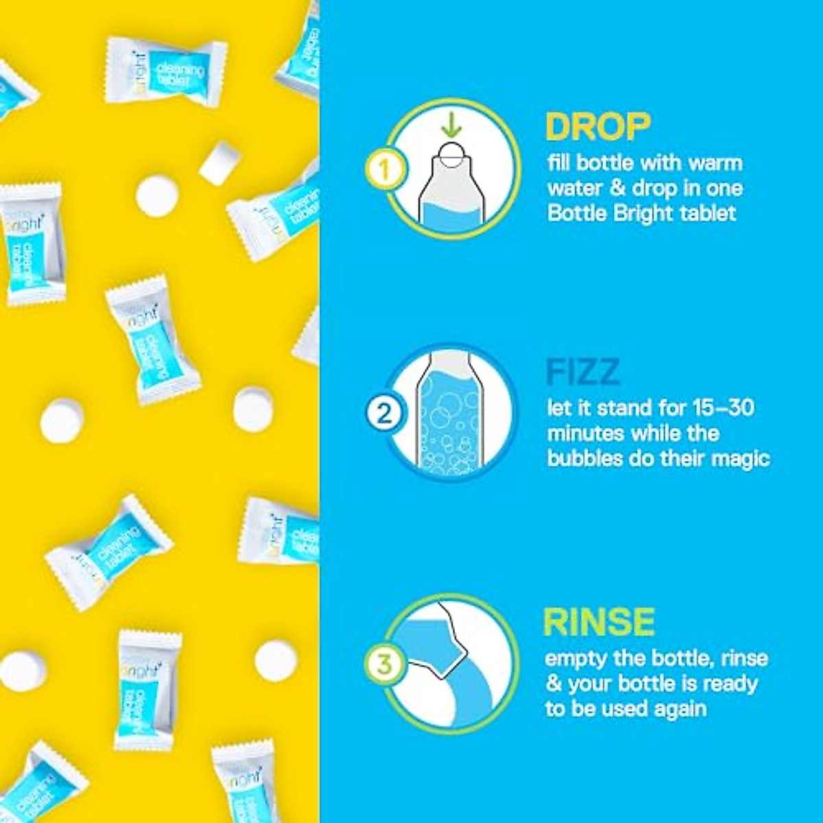 Bottle Bright Single Pack (12 Tablets)- Clean Stainless Steel, Thermos, Tumbler, Insulated and Reusable Water Bottles –Cleaning Tablets are Easy and Safe to Use