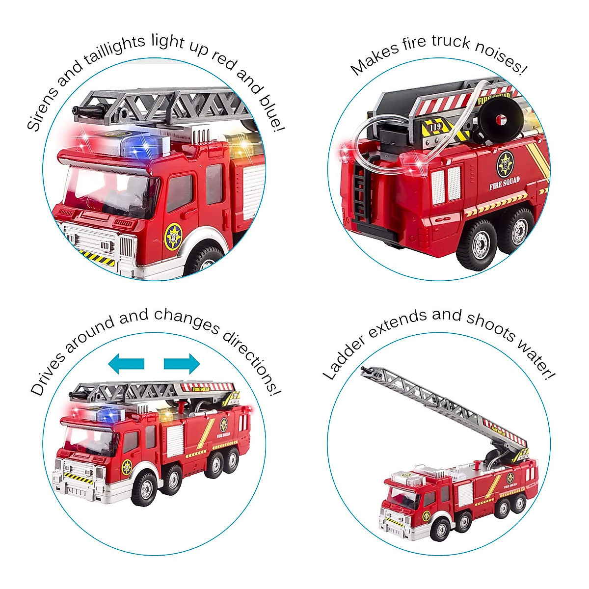 Fire Truck Toy Rescue with Shooting Water, Lights and Sirens Sounds, Extending Ladder and Water Pump Hose to Shoot Water, Bump and Go Action by Vokodo