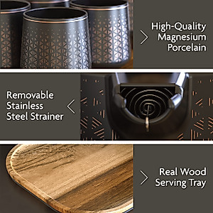 Vianté Luxury Tea Party Set. Complete with Automatic Tea Maker with Infuser for loose tea bags. Ceramic serving set. Tea pot/cup set and wooden tray. Excellent gift for tea lovers.