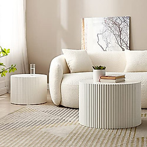 kevinplus White Round Nesting Coffee Table Set of 2 Modern Drum Side Table End Table for Living Room, Wood Circle Embossed Design Coffee Table Contemporary Living Room Table Set, Matte White