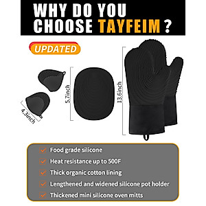 5Pcs Oven Mitts and Pot Holders, 500°F High Heat Resistant Silicone Kitchen Oven Mitts, Waterproof, Non-Slip, Easy to Clean, Cotton Lined Oven Gloves, BPA-Free, Oven Mits Set for Baking and Cooking