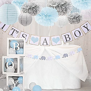luckylibra Elephant Baby Shower Decorations For boy, B - O - Y Transparent Balloon Boxes & 30Pcs Latex Balloons