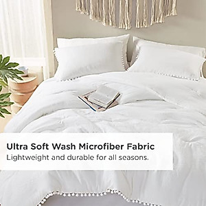 Codi White Boho Queen Comforter Set, Aesthetic Luxurious Pom Fringe Design Bedding Full, Cute Soft Washed Microfiber Bed Sets, Lightweight Chic 3pcs,1 Comforter & 2 Pillowcases (90x90 Inches)