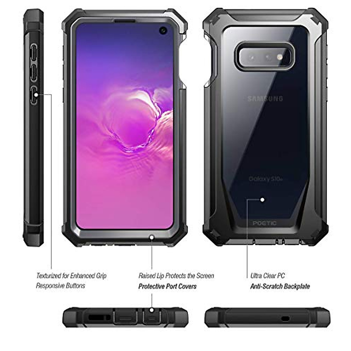 Poetic Galaxy S10e Rugged Clear Case, Full-Body Hybrid Bumper Cover, Support Wireless Charging, Includes Built-in-Screen Protector, Guardian Series, Case for Samsung Galaxy S10e 2019, Black