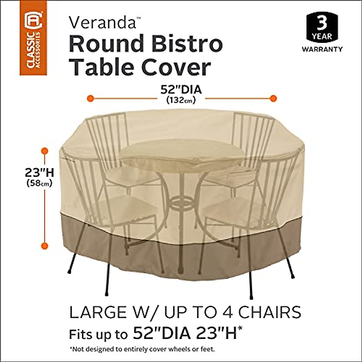 Classic Accessories Veranda Water-Resistant 52 Inch Bistro Round Patio Table & Chair Set Cover, Outdoor Table Cover