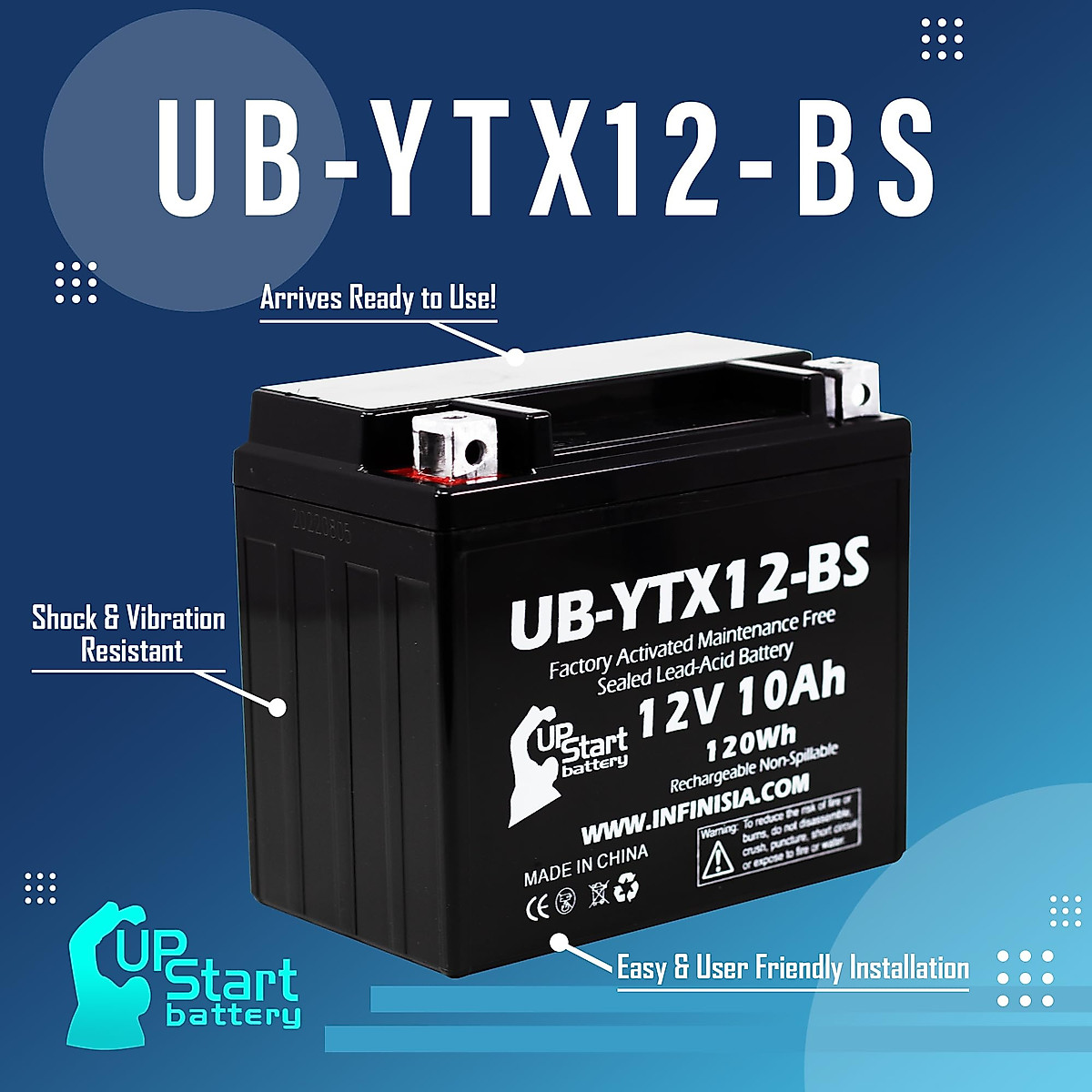 Replacement for 2012 Piaggio (Vespa) LX150 4T 150 CC Factory Activated, Maintenance Free, Scooter Battery - 12V, 10Ah, UB-YTX12-BS