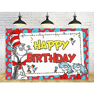 Red Backdrop for Birthday Party Decorations Dr Seuss Background for Baby Shower Party Cake Table Decorations Supplies Cat in The Hat Theme Banner 5x3ft