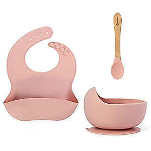Ginbear Baby Bowls with Suction First Stage, Baby Girl Silicone Bibs, Baby Feeding Spoons, Baby Led Weaning Supplies for Ages 6 Months+ (Baby Pink)