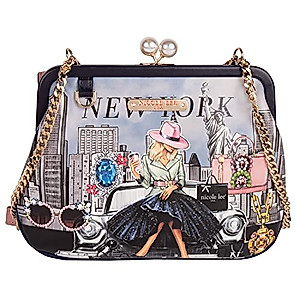 Nicole Lee Pearl Kiss Lock Envelope Crossbody Handbag, Women's Fashion Print Vegan Leather Clutch (Success in New York)