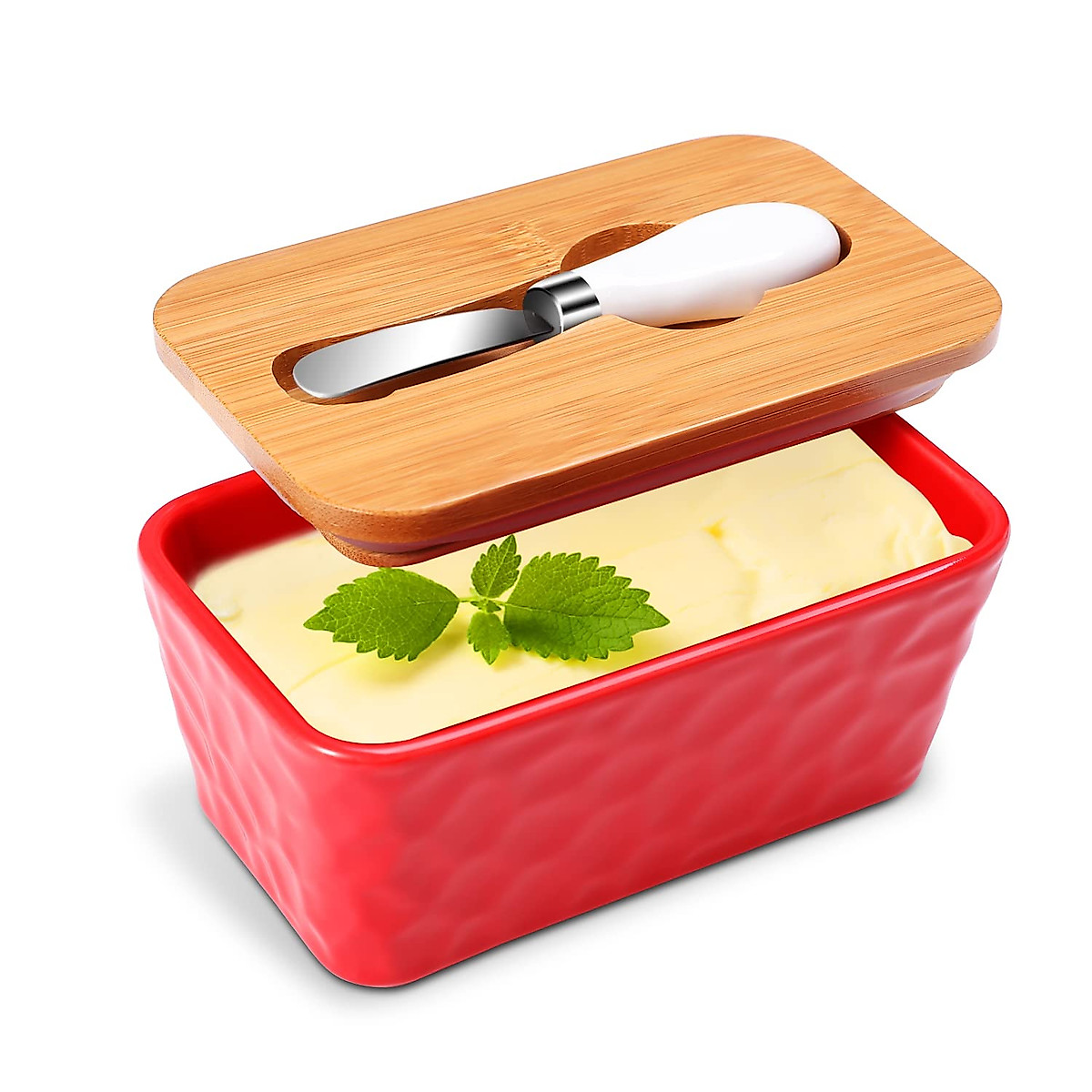 Gute Butter Dish, Ceramic Butter Dish with Lid and Knife for Countertop, Double Silicone Seal Butter Keeper,Large Butter Container For West East Coast Butter,Unique Stone Pattern,Red