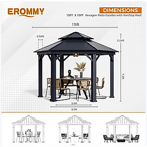 EROMMY 15' x 15' Hardtop Gazebo, Outdoor Wood Looking Aluminum Hexagon Gazebos with Galvanized Steel Roof for Patio, Backyard, Deck and Lawns