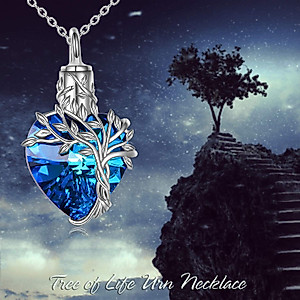 TOUPOP Heart Cremation Jewelry Sterling Silver with Blue Crystal Tree of Life Urn Necklace for Ashes w/Funnel Filler Jewelry Gifts for Women